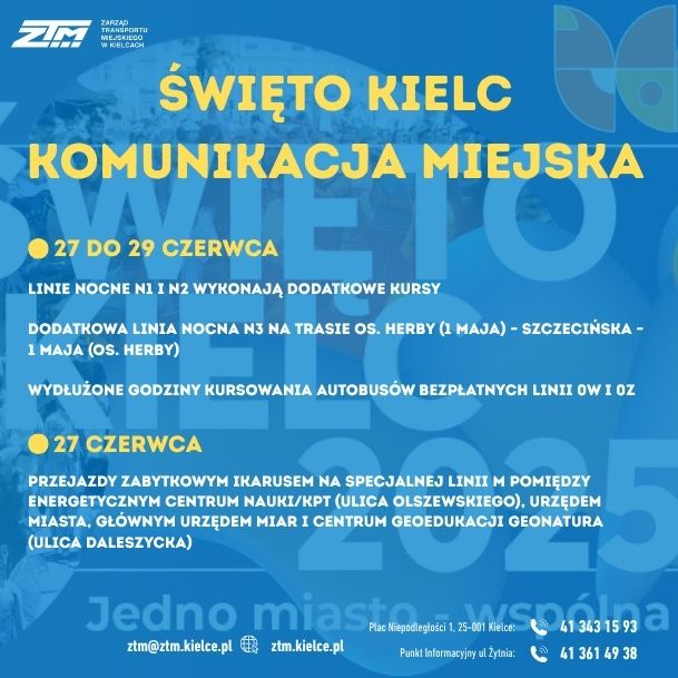 ZTM Kielce - Komunikacja miejska w Święto Kielc 27 – 29 czerwca 2025